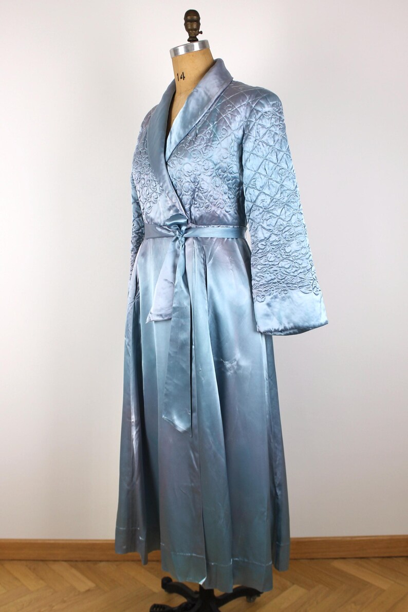 Vintage Blue Satin Quilted Robe, Antique Rayon Liquid Satin Dressing ...