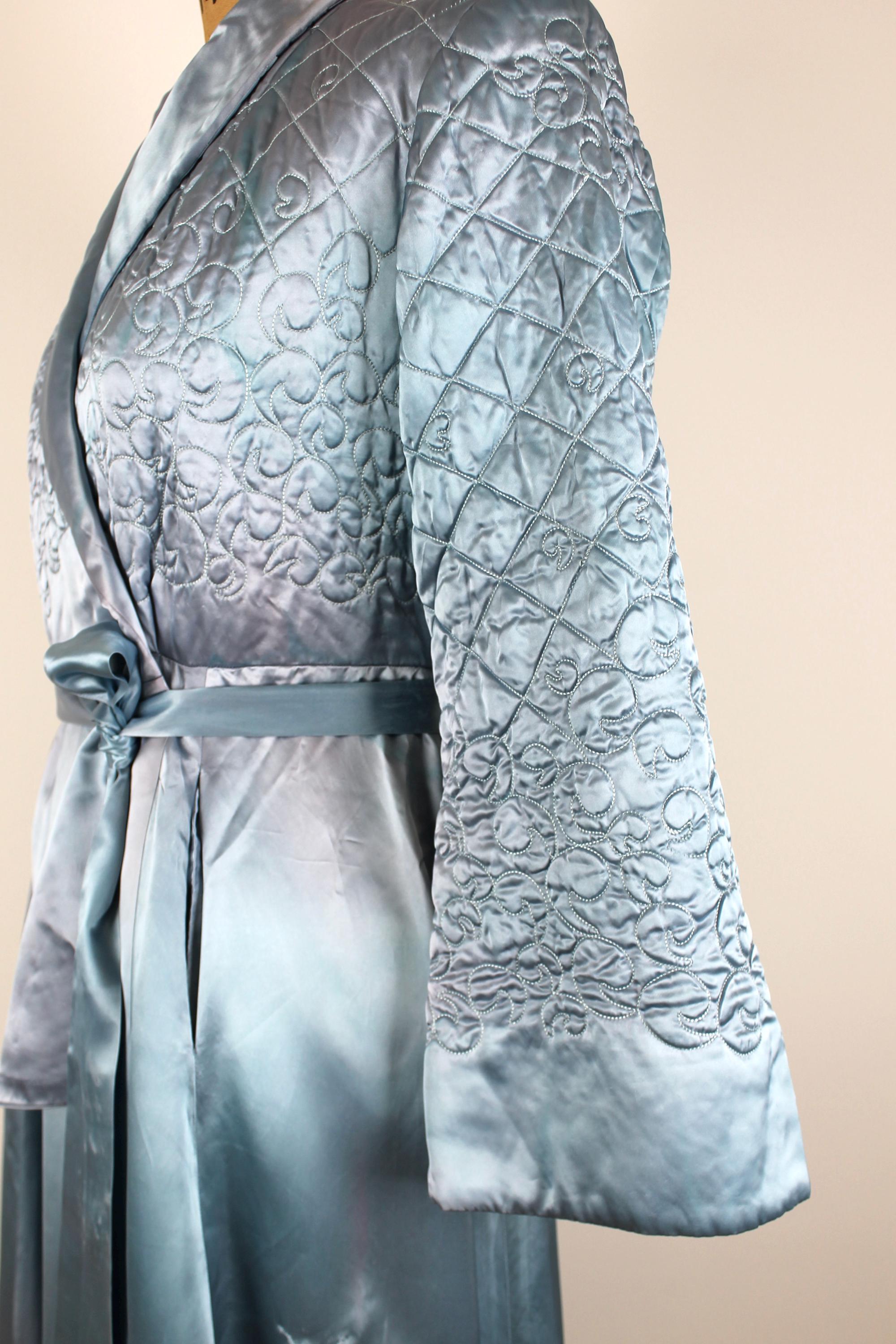 Vintage Blue Satin Quilted Robe, Antique Rayon Liquid Satin Dressing ...