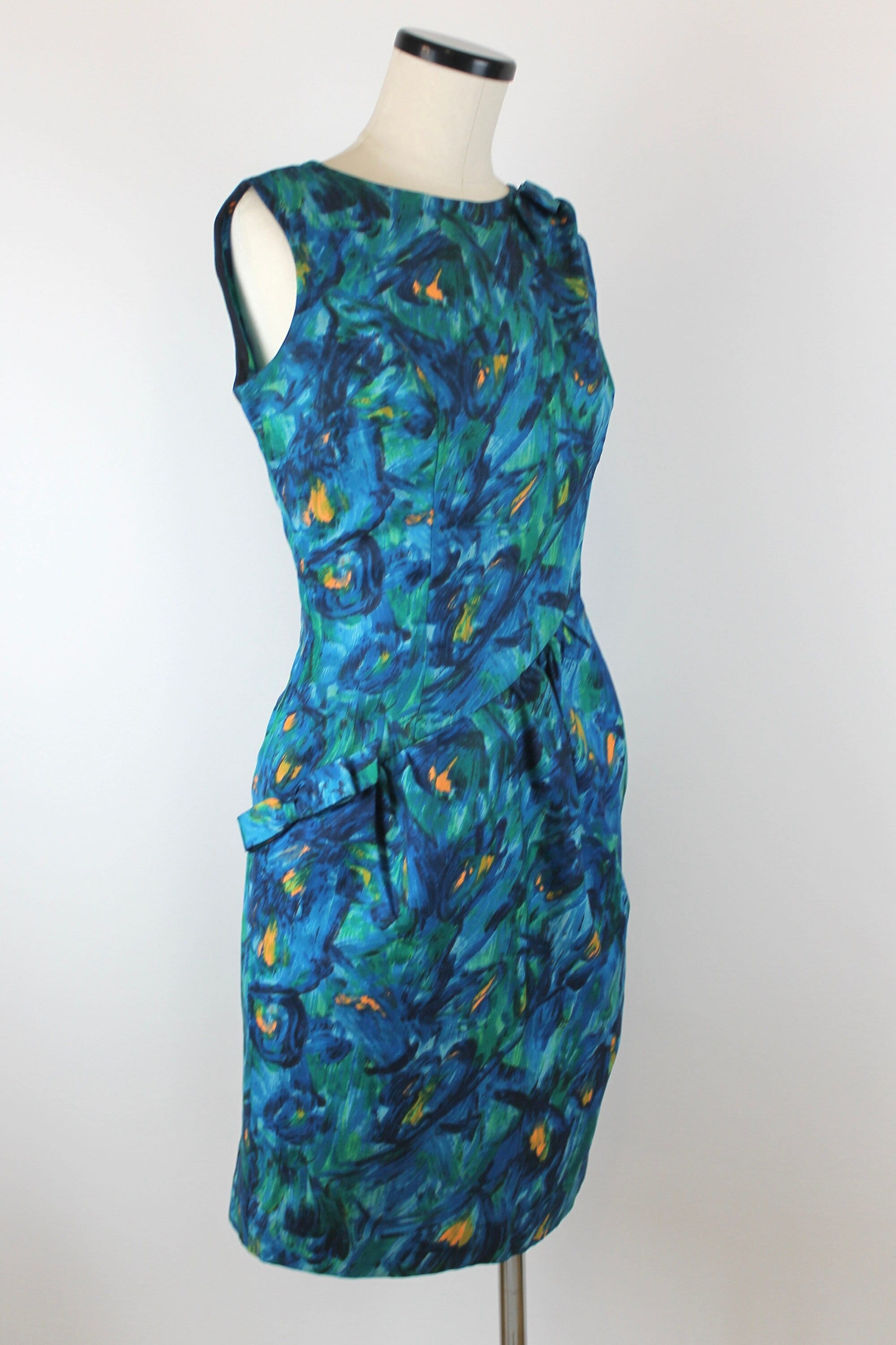 1960s Vintage Blue Abstract Print Dress, Vintage Blue Floral Dress, 60s ...