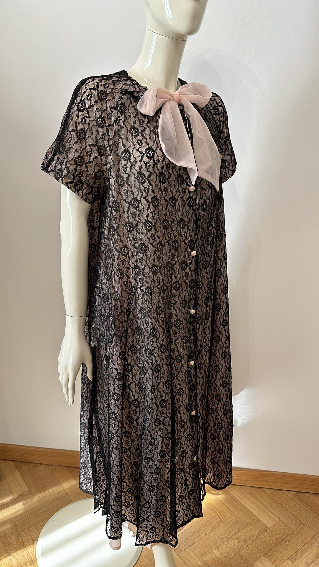 1950's Vintage Black Lace and Pink Nylon Peignoir, Vintage Boudoir Gown ...
