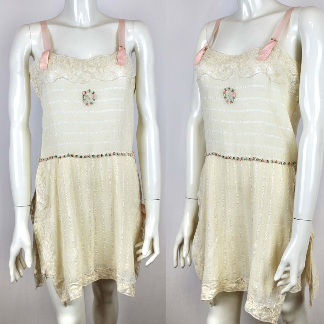 1920s Vintage Cream Silk Lingerie Teddy, Antique Silk Romper With Lace ...