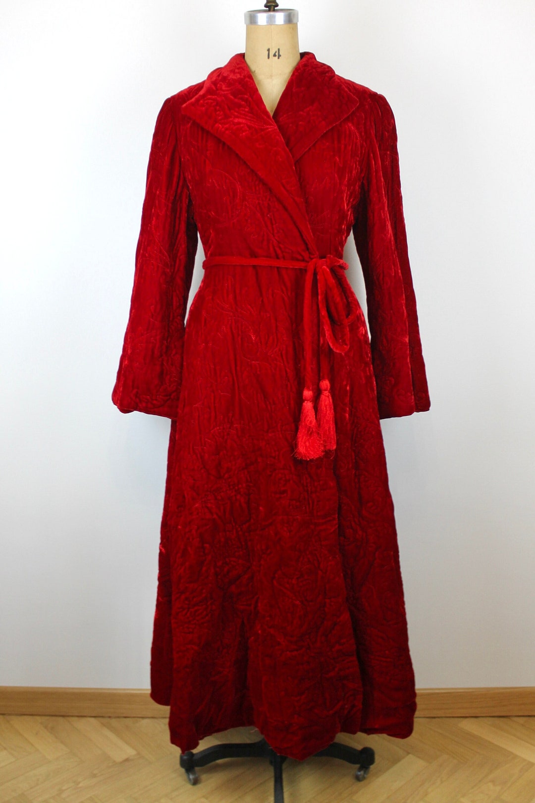 1950s Vintage Red Velvet Robe, Vintage Embroidered Dressing Gown ...