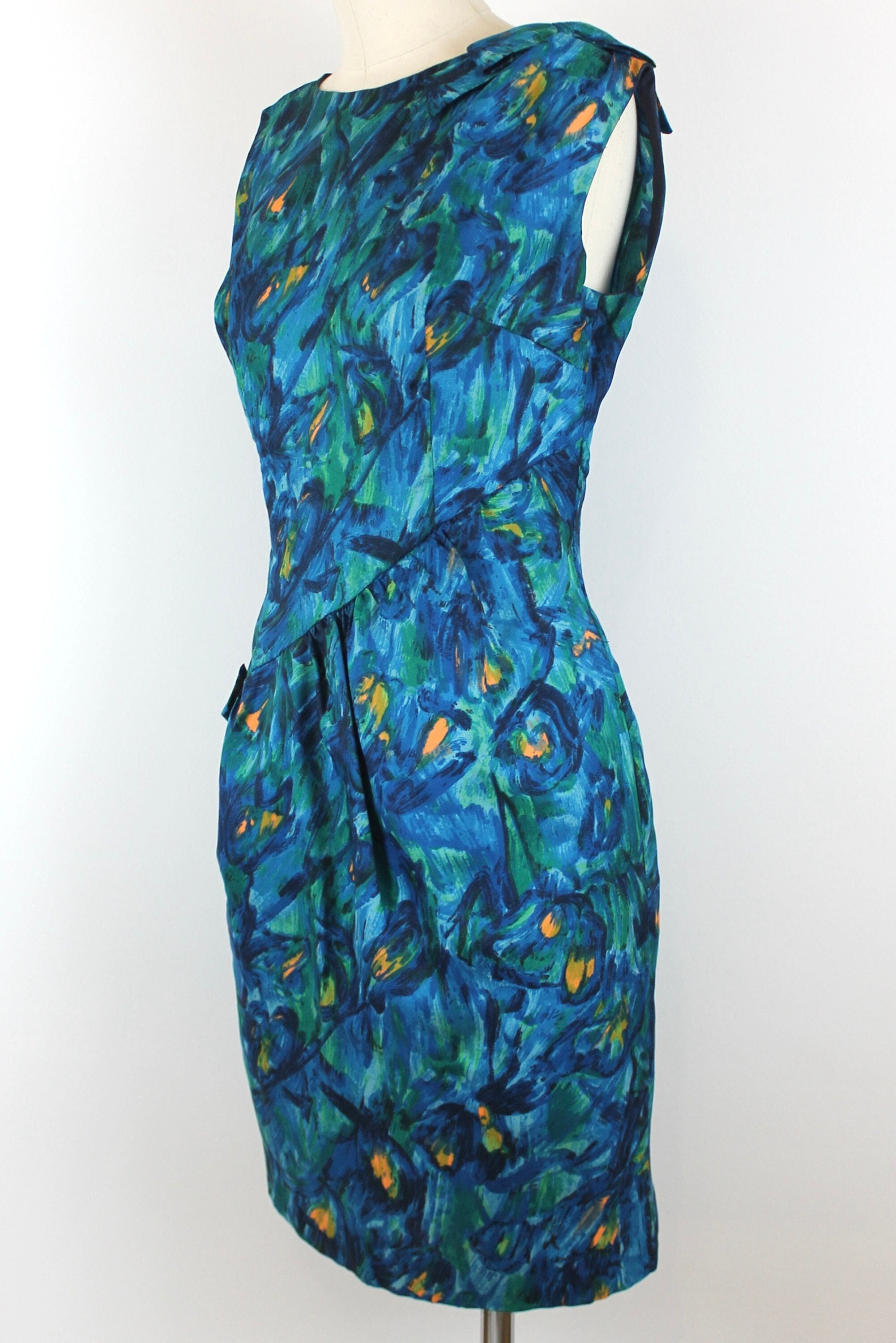 1960s Vintage Blue Abstract Print Dress, Vintage Blue Floral Dress, 60s ...