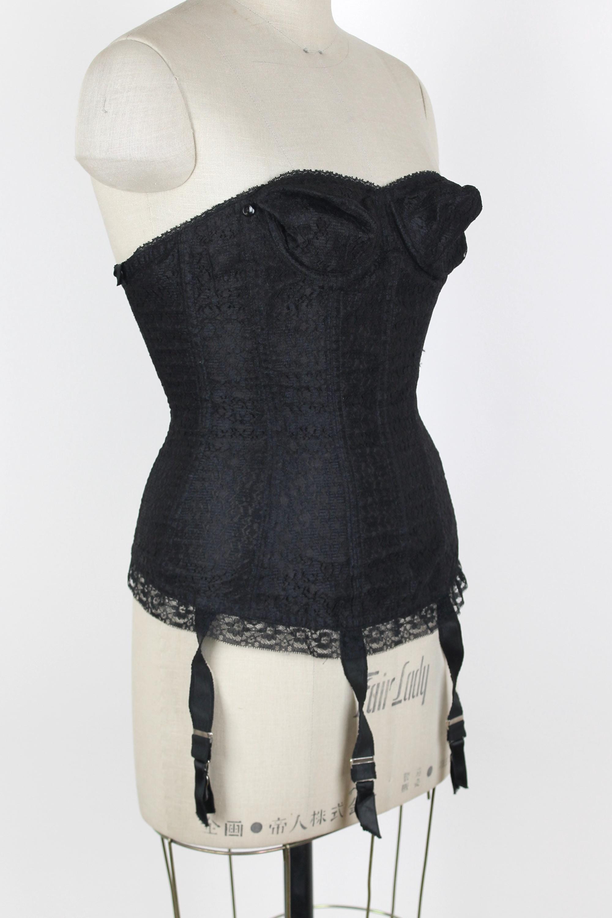 1960s Vintage Italian Lace Corset "la Piuma", Black Vintage Bustier ...