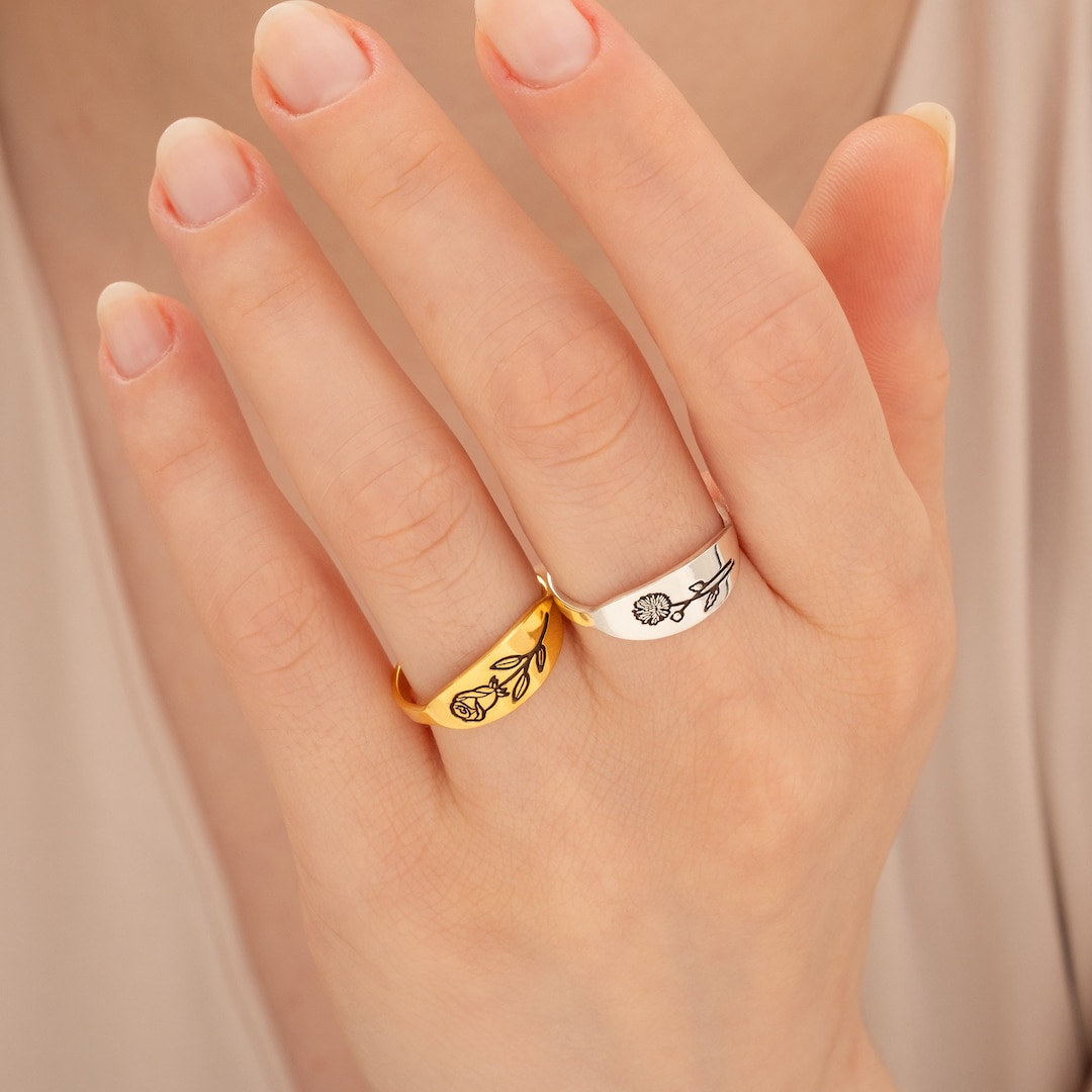 Minimalist Birth Flower Ring, Personalized Birth Month Flower Ring ...