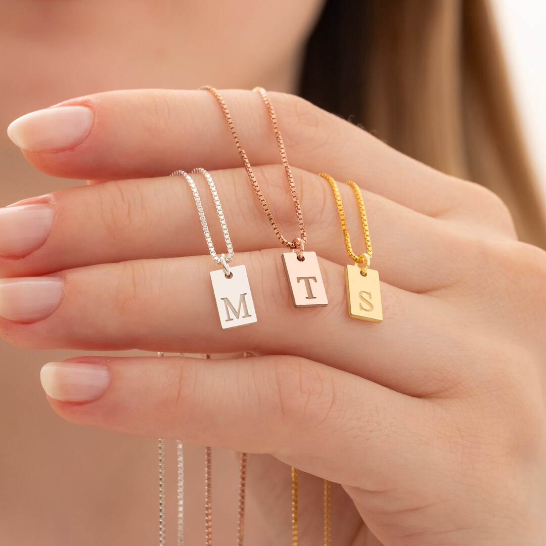 Initial Bar Necklace - Box Chain Letter Necklace - Custom Engraved ...