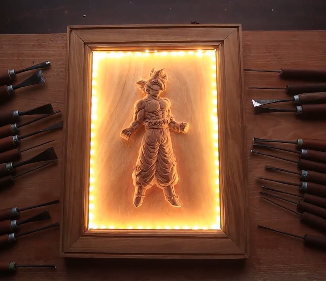 Glowing Goku Wooden Carving Handcrafted Artisan Sculpture Premium ...