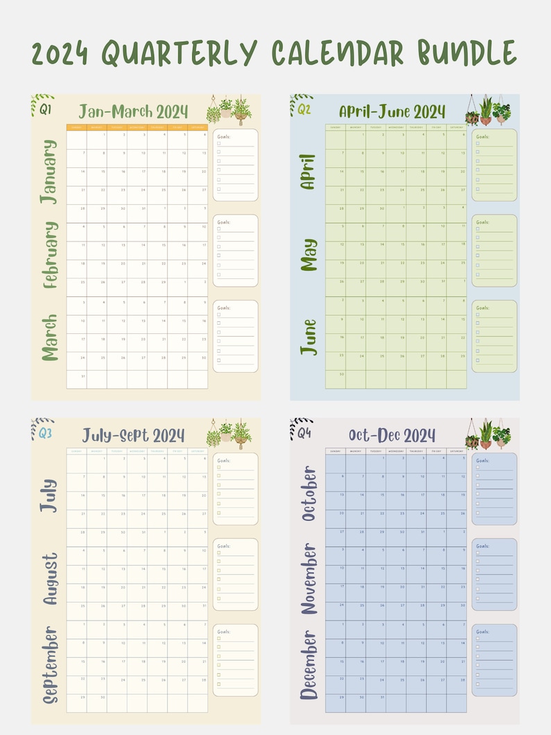 2024 Quarterly Calendar, Plan Your Year in Quarters, Calendar Print Out ...