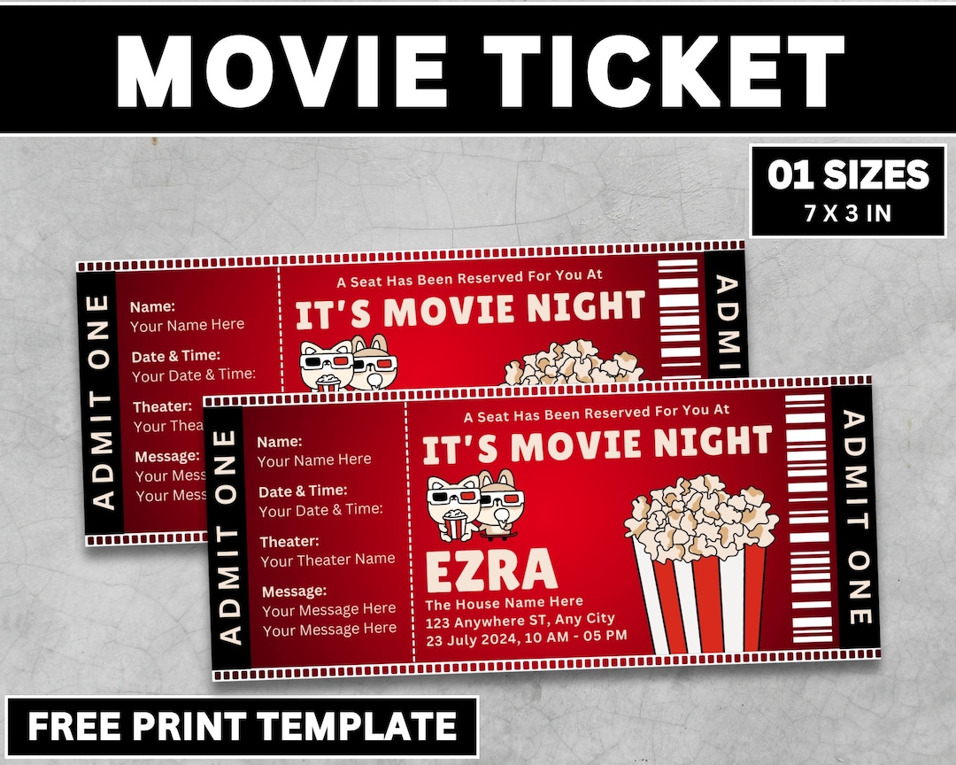 Printable Movie Gift Tickets, Movie Night Printable Ticket, Cinema ...