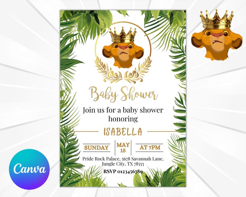 Simba Baby Shower Digital Invitation Lion King Digital Template Simba ...