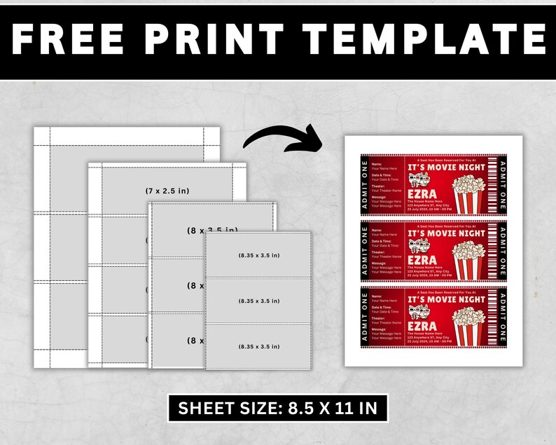 Printable Movie Gift Tickets, Movie Night Printable Ticket, Cinema ...