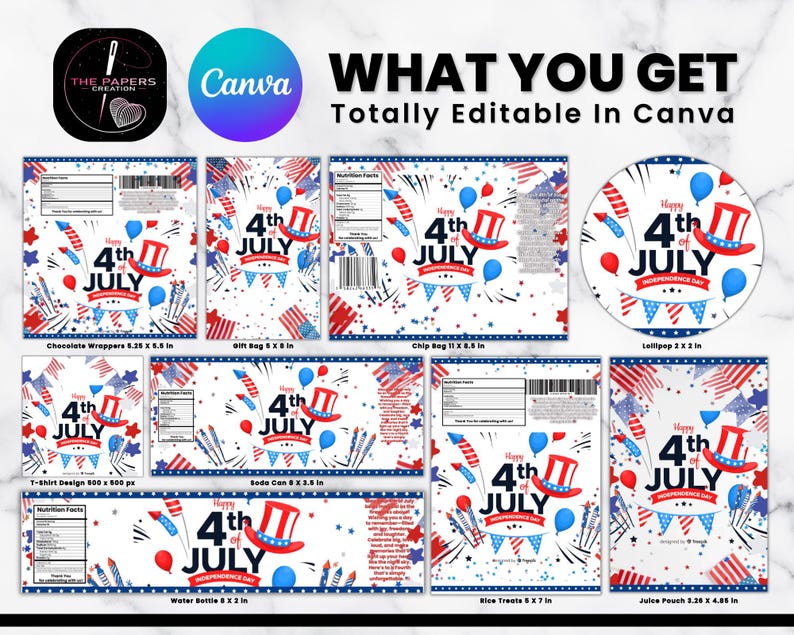 Editable 4th of July Party Favor Bundle | Canva Pro Templates for Chip ...