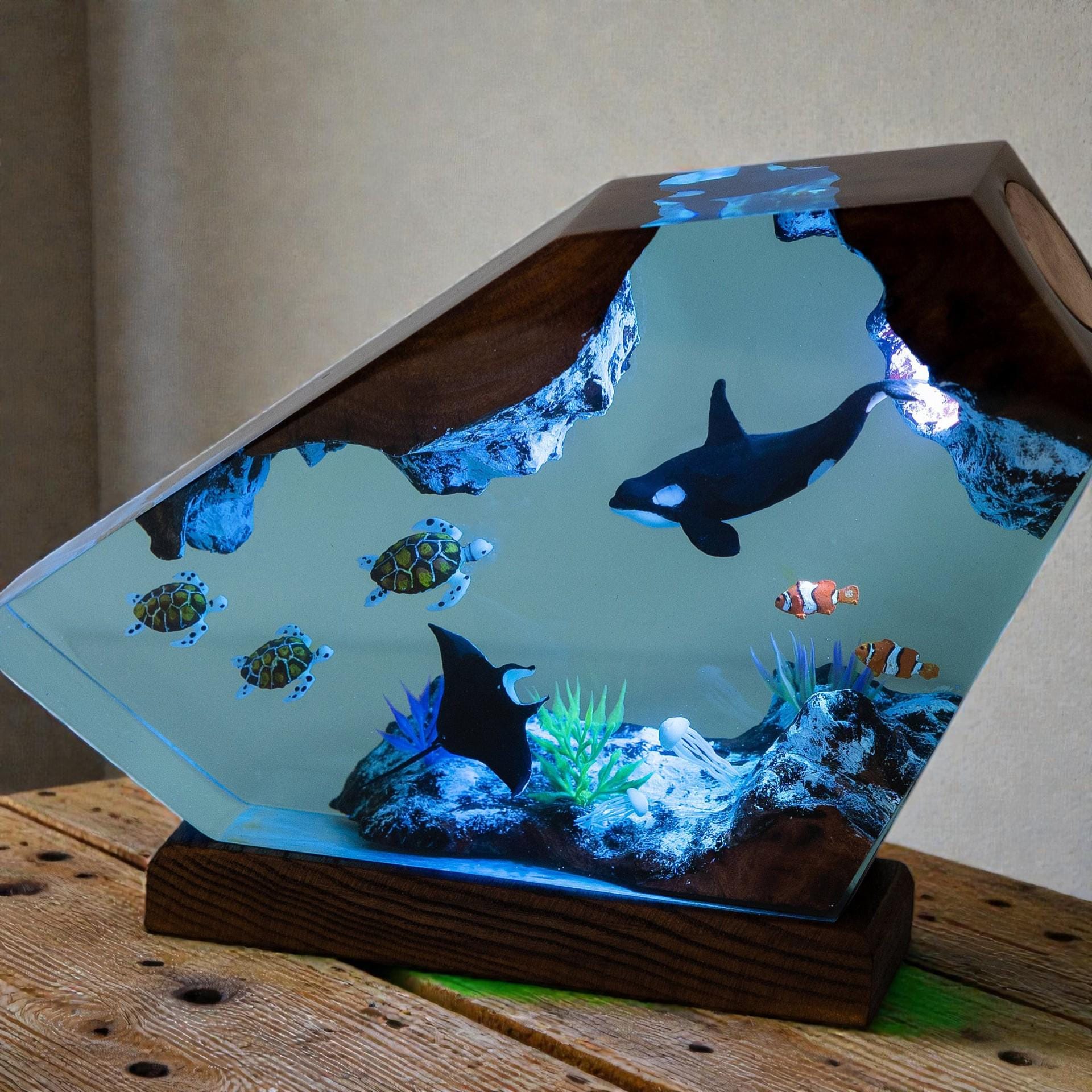 Orca & Sea Turtle Resin Lamp, Ocean Diorama Night Light, Handmade Epoxy ...