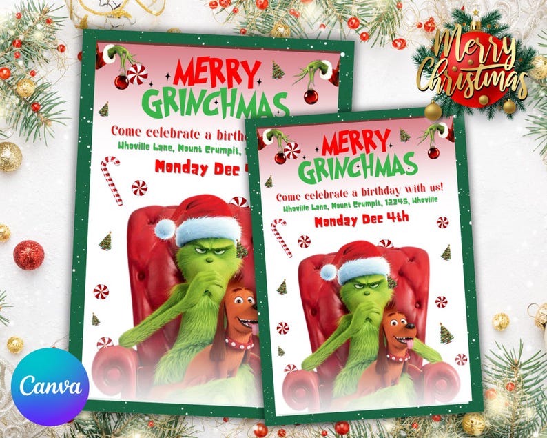 Editable Grinch-themed Christmas Invitation Holiday Party Canva ...