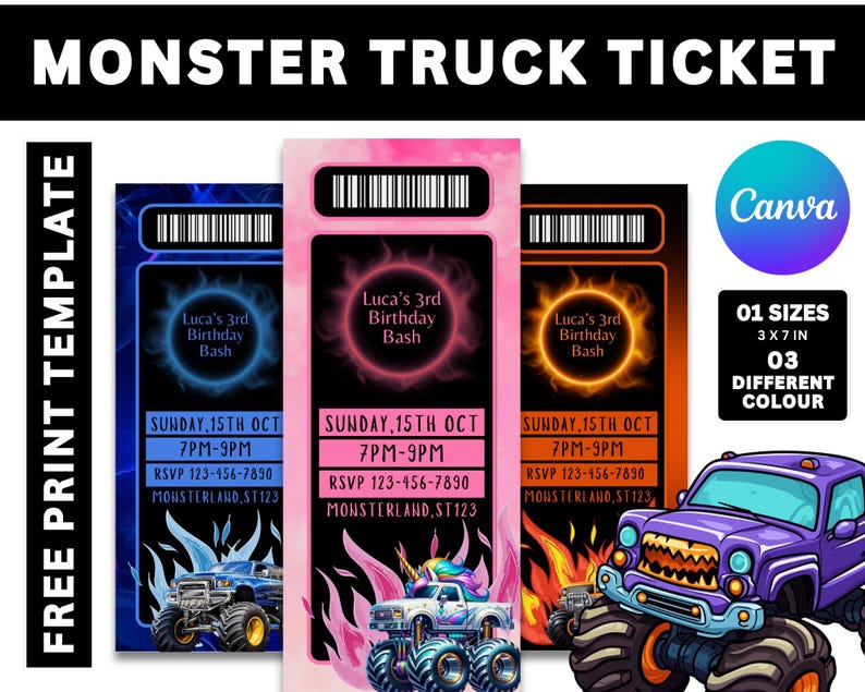 EDITABLE Monster Truck Ticket Birthday Invitation,trucks Birthday ...