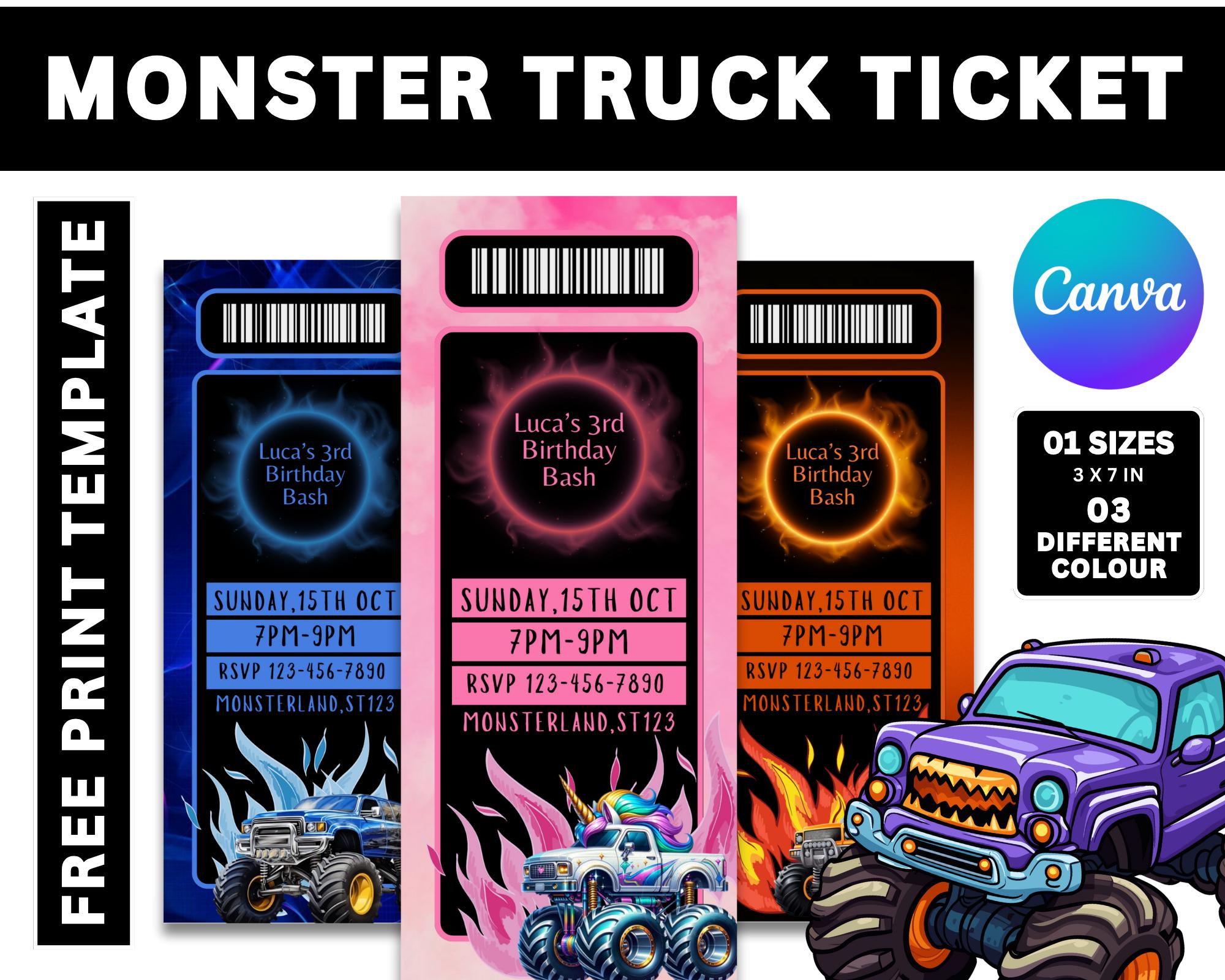 EDITABLE Monster Truck Ticket Birthday Invitation,trucks Birthday ...