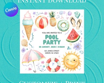 Editable Pool Party Birthday Invitation Kids Pool Party Kids Swimming ...