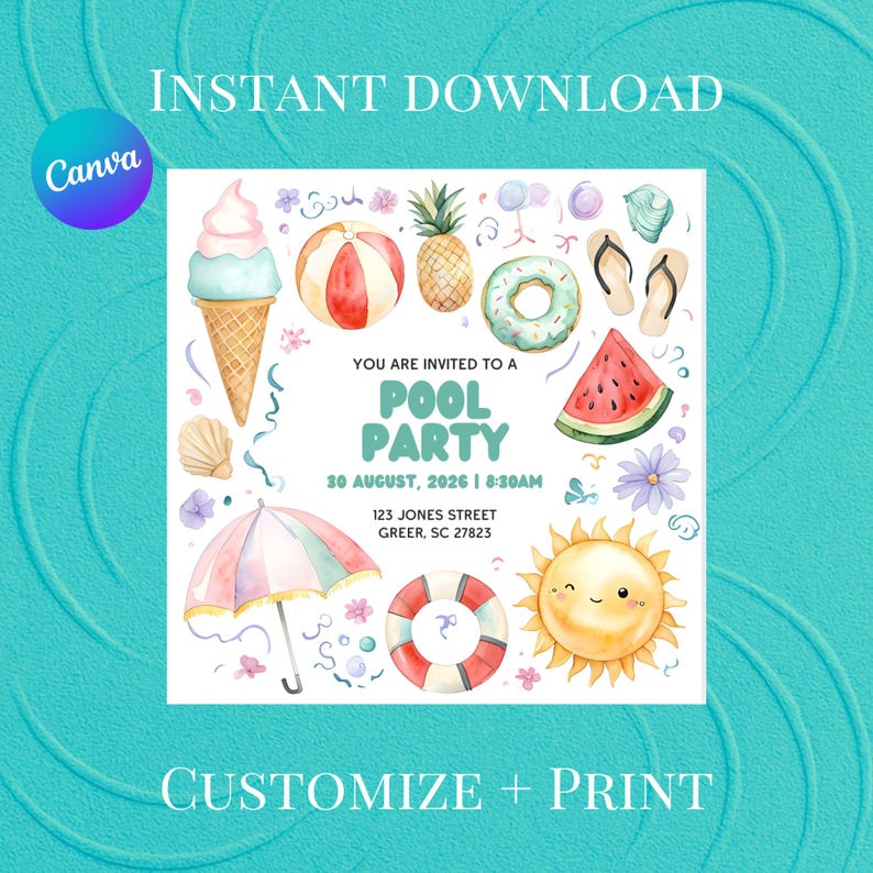 Editable Pool Party Digital Download Invite Pool Party Invite Summer ...