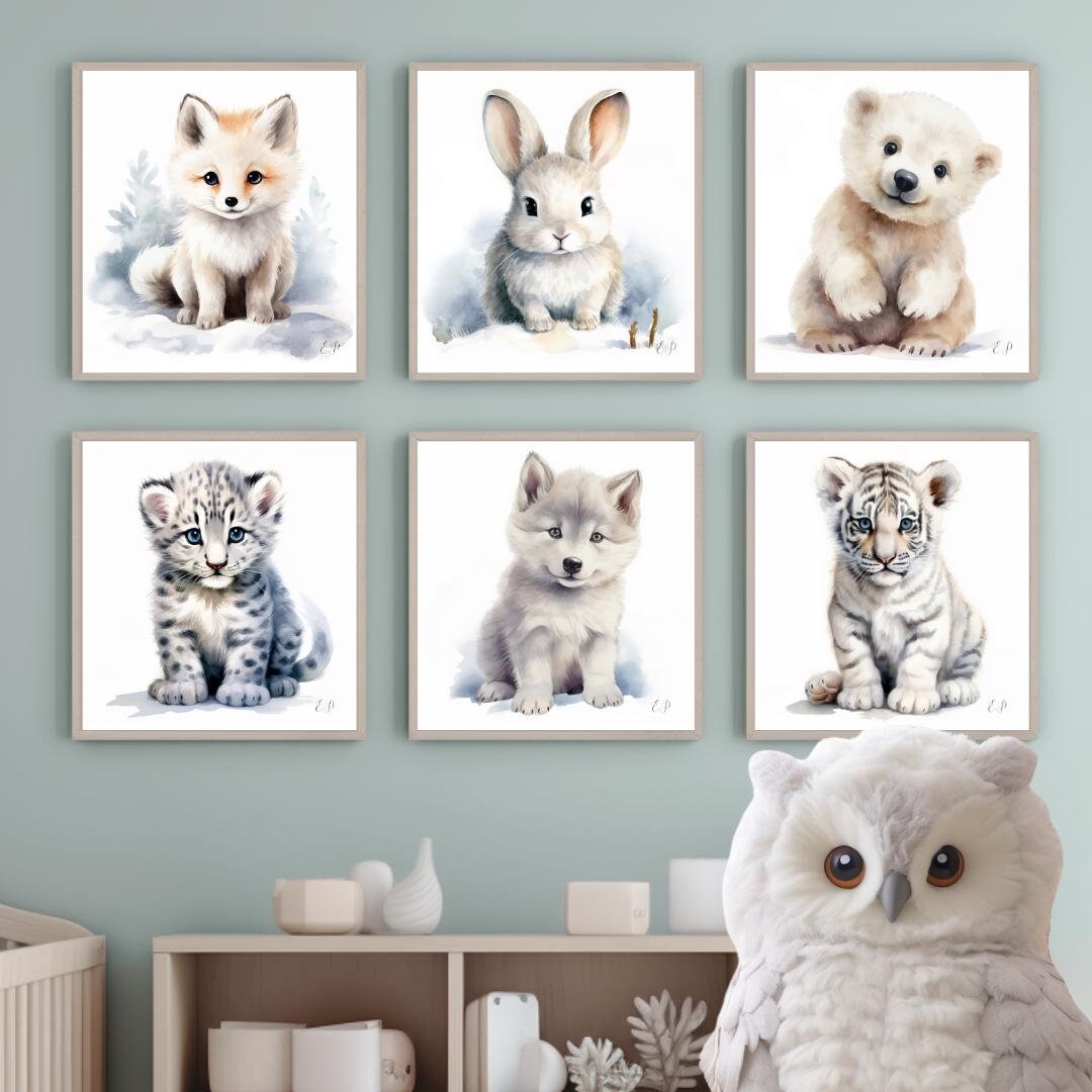 Cute Snow Animals - Wolf, Lynx, Rabbit, Owl, Bear - Watercolour Nursery ...