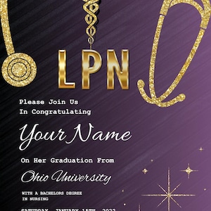 Nursing Graduation Invitation, LPN, Licensed Practical Nurse Graduation ...