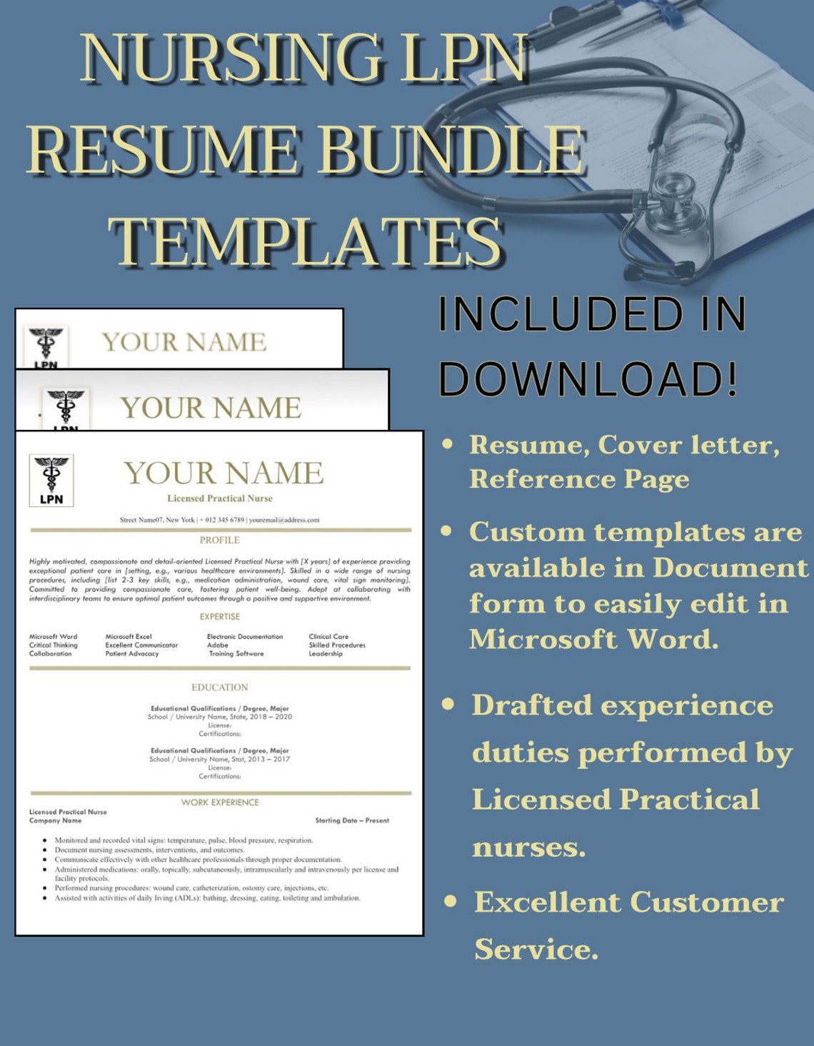 LPN Nursing Resume Template: Cover Letter & Reference (US Letter ...