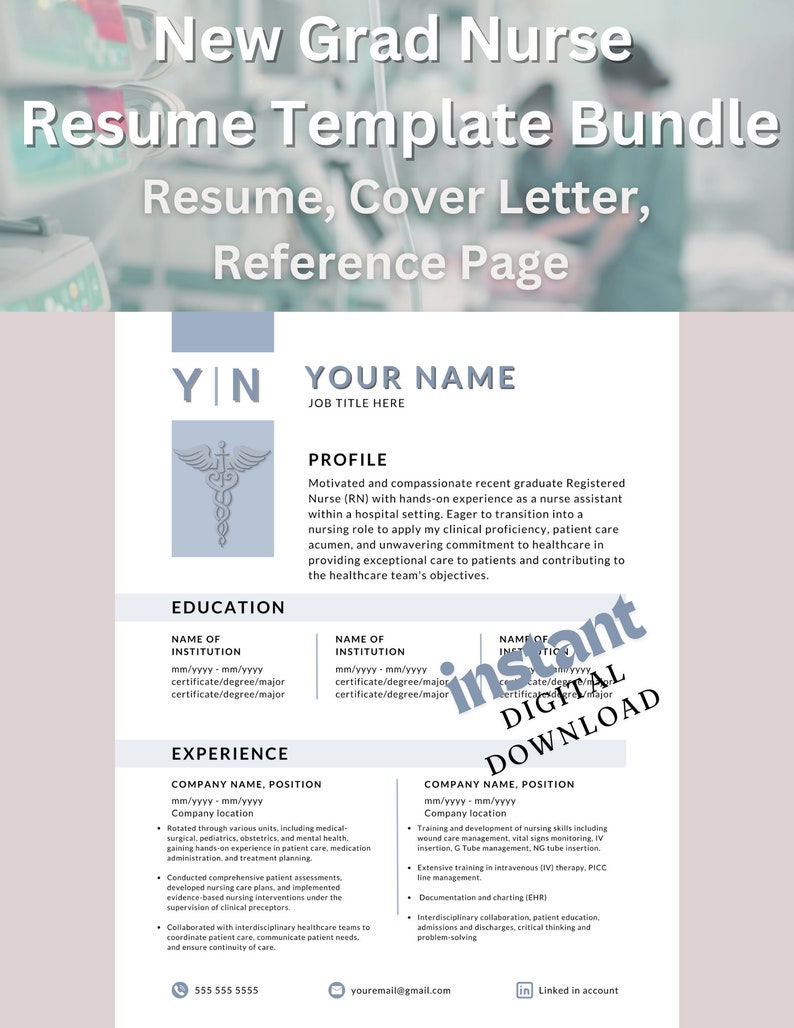 New Grad Nurse Resume Template Bundle: Cover Letter & Reference ...