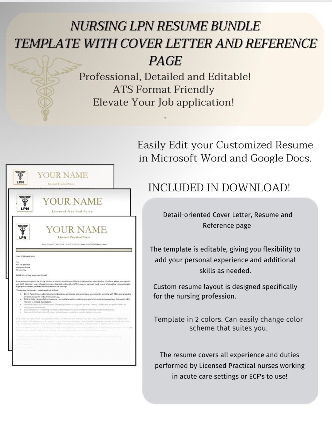 Nursing Resume Template: ATS Friendly for LPN. Cover Letter, Resume ...