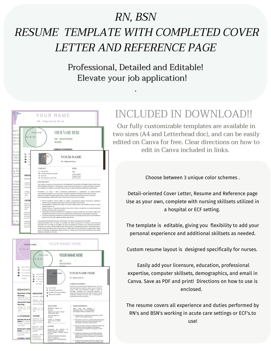 Nursing Resume Template: RN Bundle Digital Download, Editable, With ...