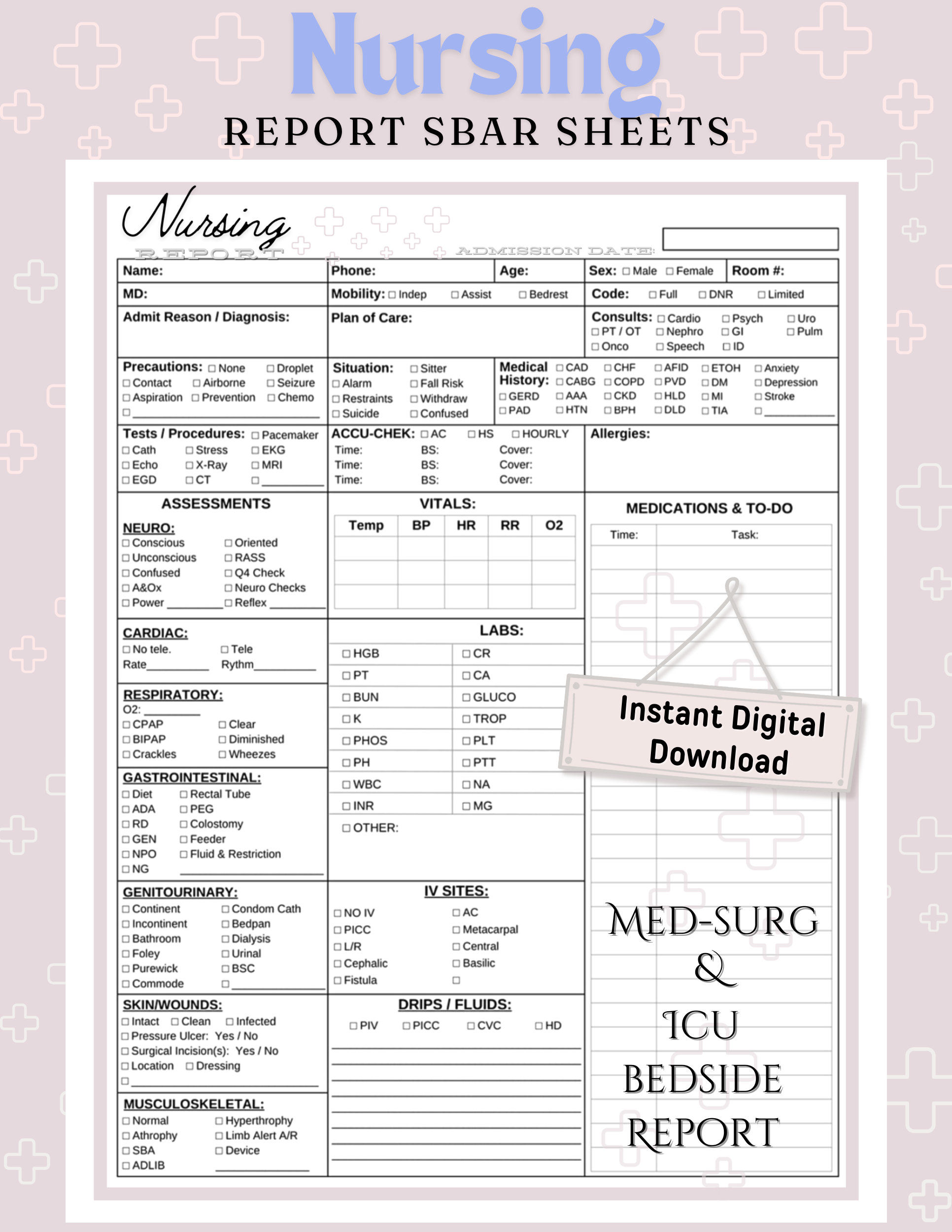 Nursing Template: SBAR Nursing Report Sheets. Instant Download PDF, Multiple Versions and Colors ...