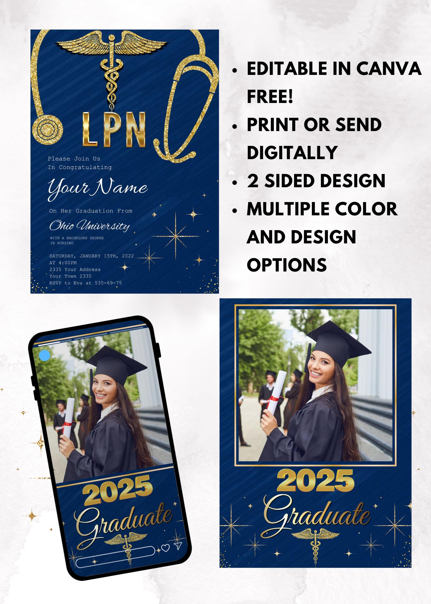 Nursing Graduation Invitation, LPN, Licensed Practical Nurse Graduation ...
