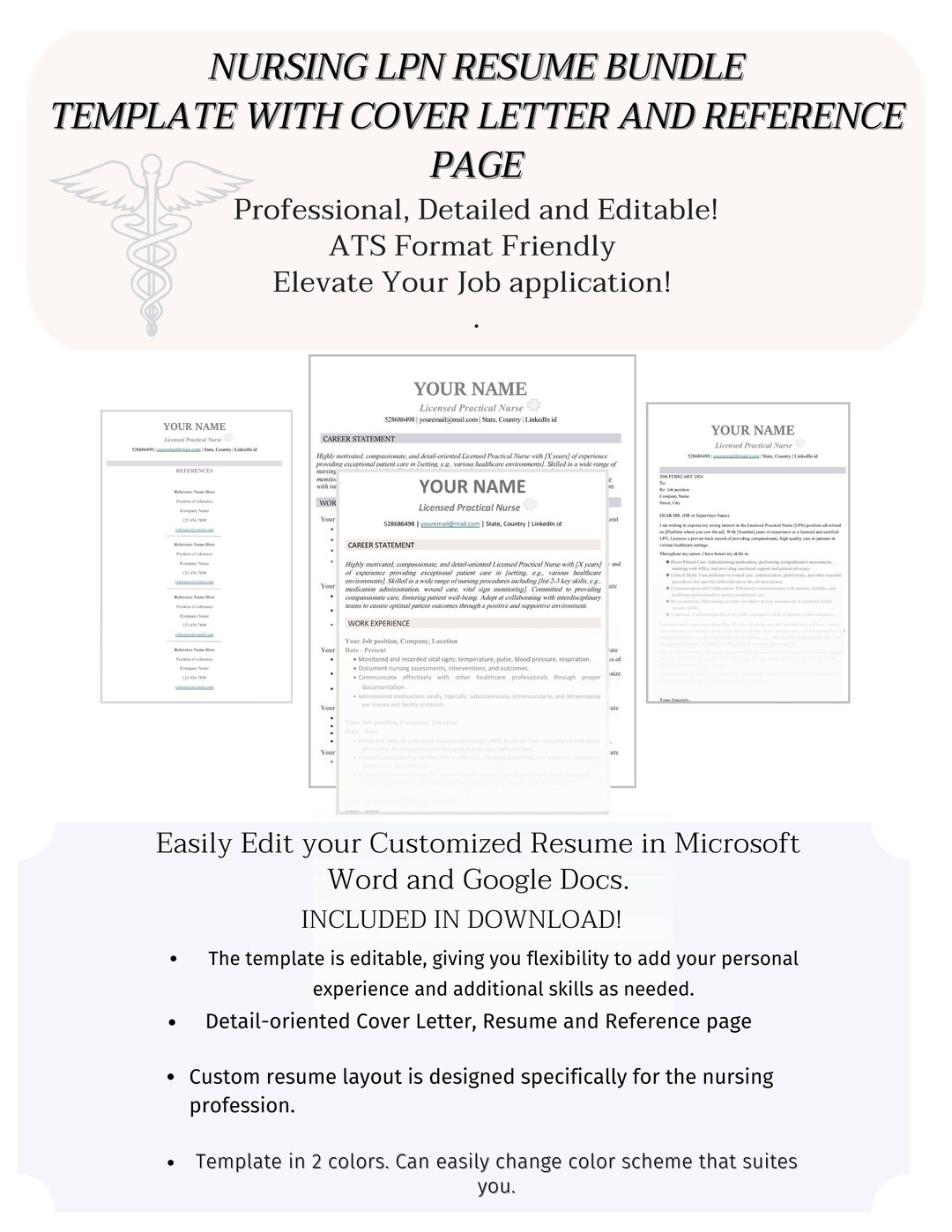 Nursing Resume Template: LPN Bundle. ATS Friendly. Cover Letter, Resume ...