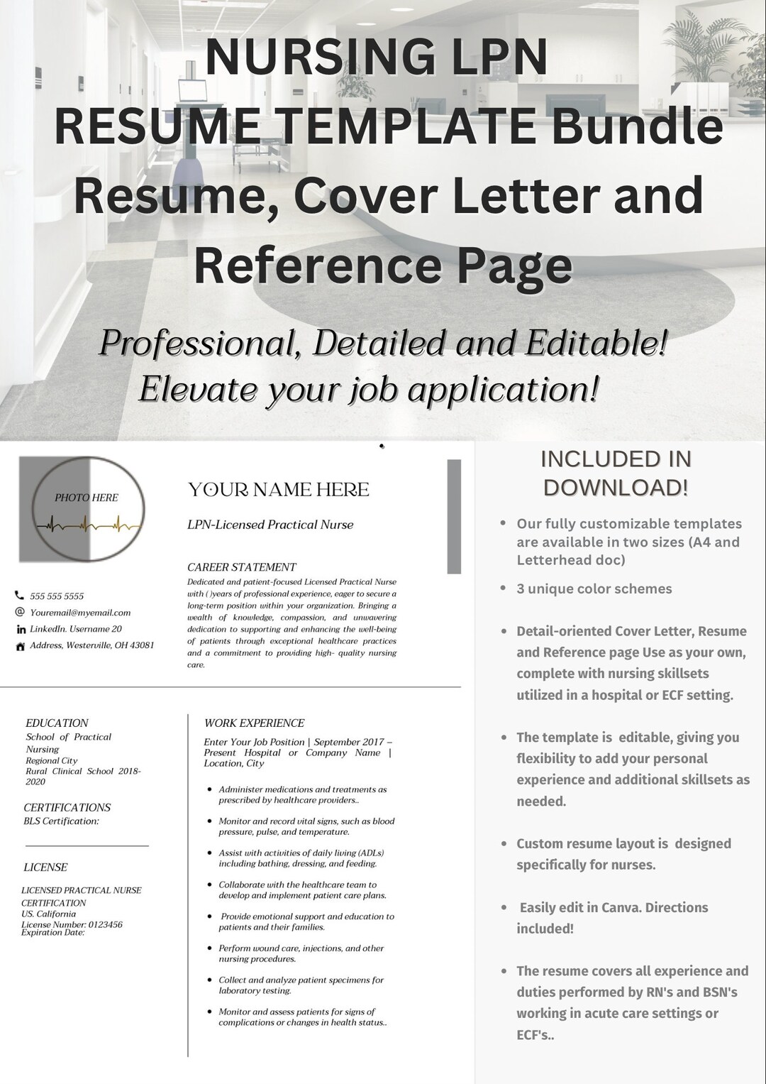 LPN Nurse Resume Template Bundle: Cover Letter & Reference (canva ...