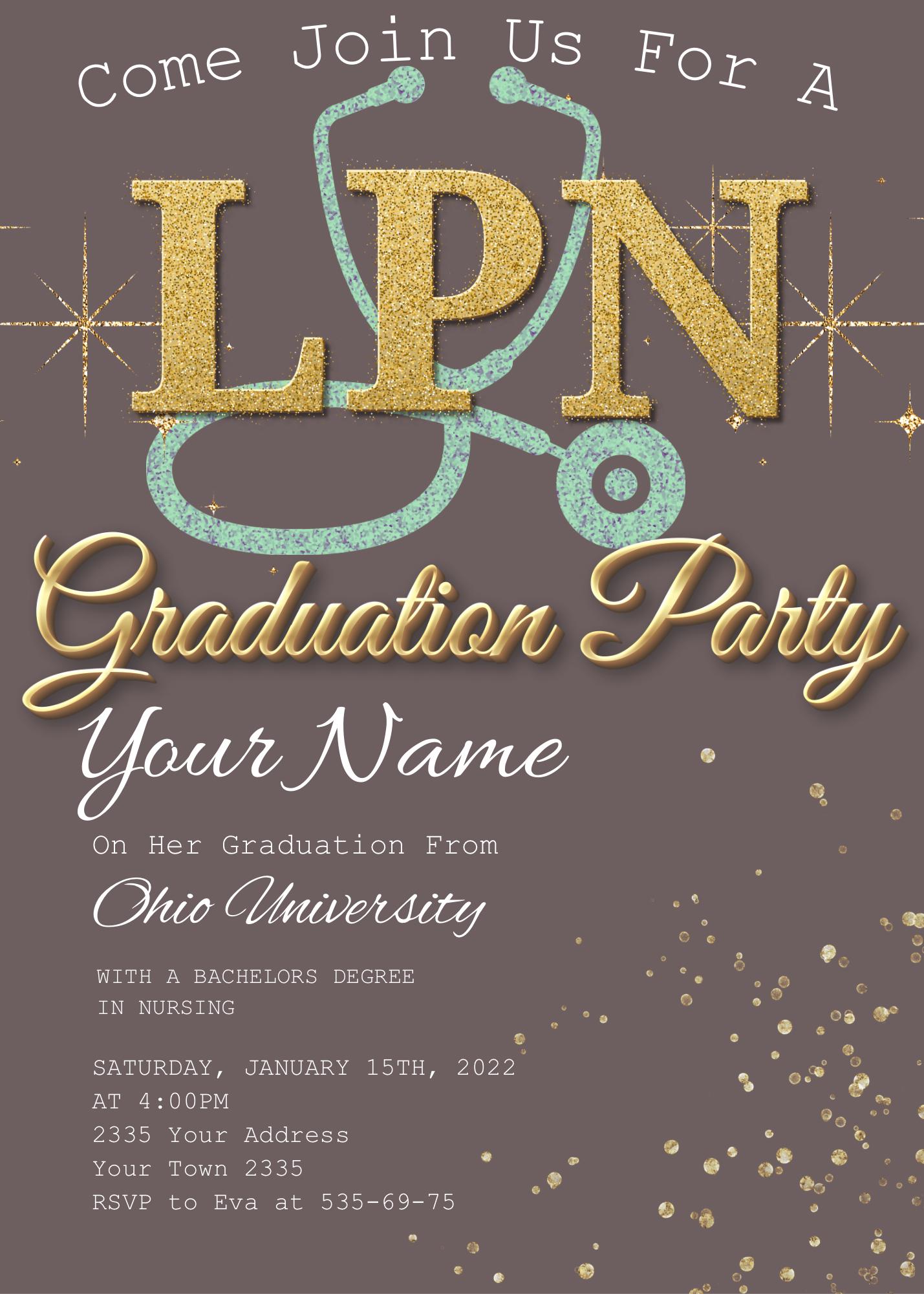 Nurse Graduation Party Invitation, LPN, Licensed Practical Nurse ...