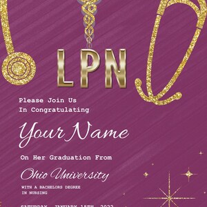 Nursing Graduation Invitation, LPN, Licensed Practical Nurse Graduation ...