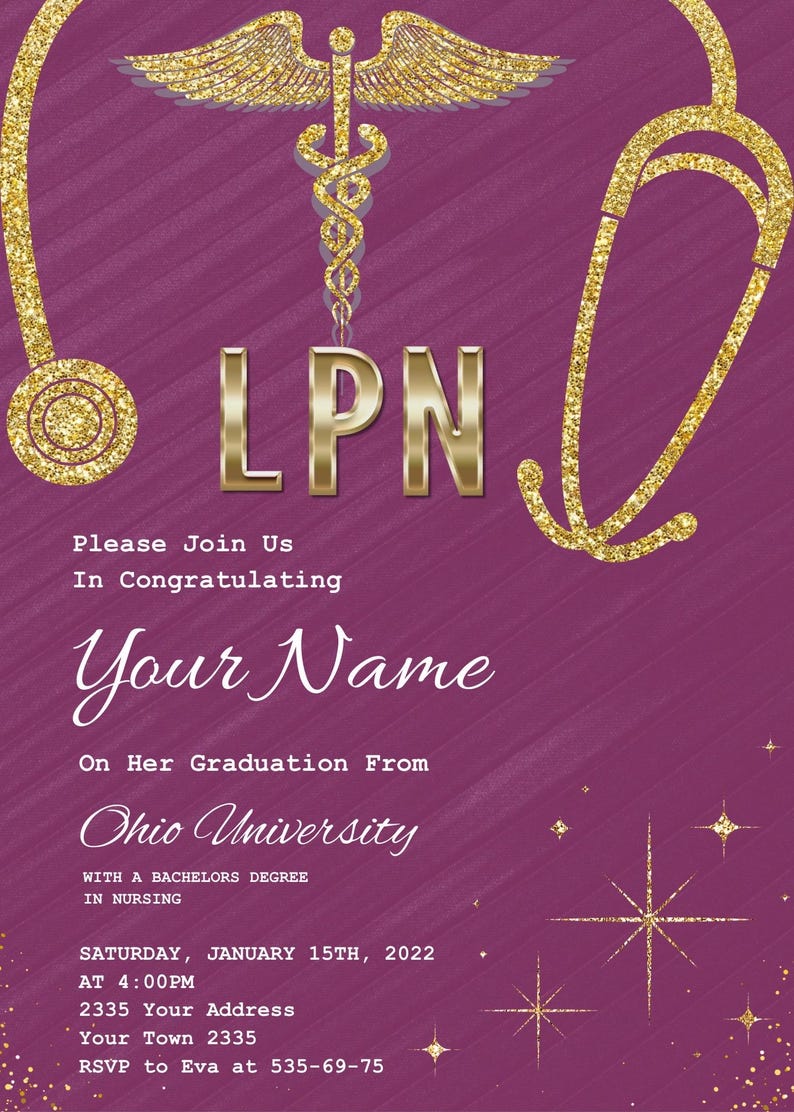 Nursing Graduation Invitation, LPN, Licensed Practical Nurse Graduation ...