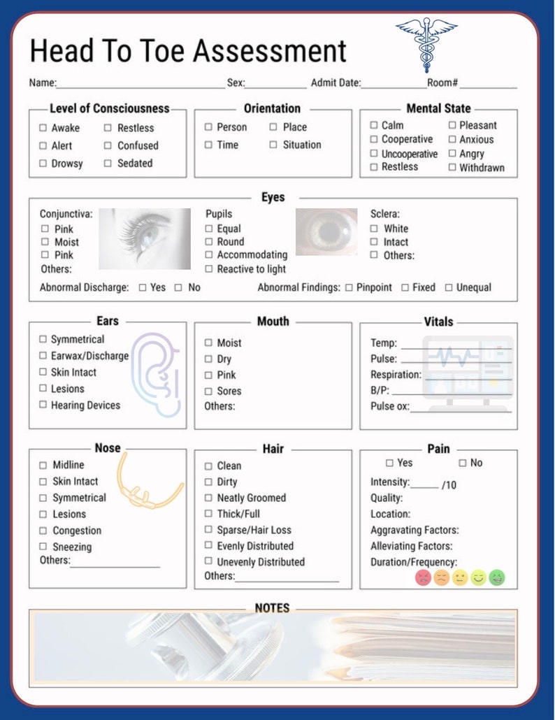 Nursing Health Assessment Head to Toe Review Guide RN, LPN Print ...
