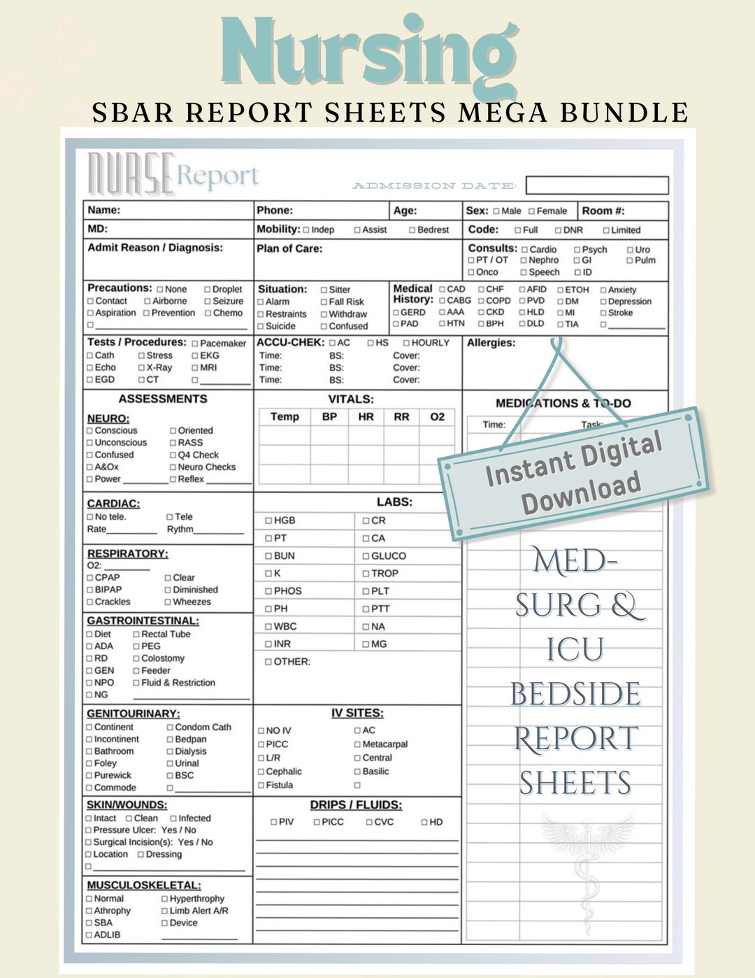 Nursing SBAR Report Sheets Mega Bundle: Med-surg ICU (printable PDF) - Etsy
