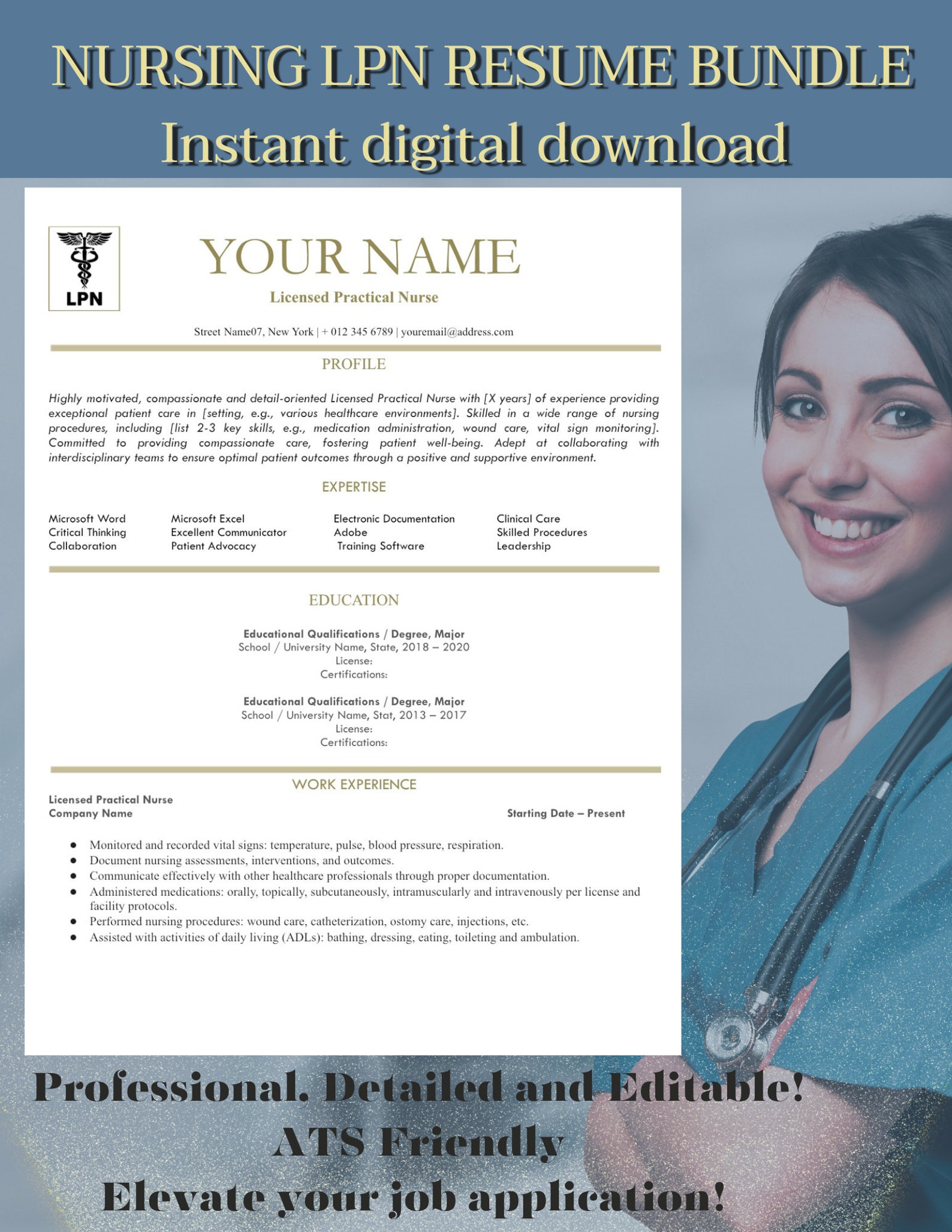 LPN Nursing Resume Template: Cover Letter & Reference (US Letter ...