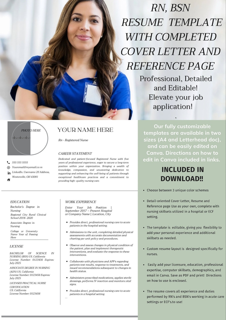 RN Resume Template: Editable Nursing Cover Letter, Reference (digital ...