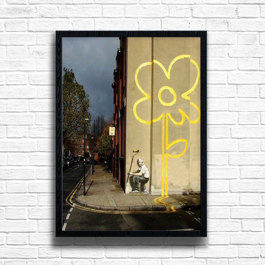 Banksy Yellow Lines Flower Print, Graffiti Wall Art, Urban Street Art ...