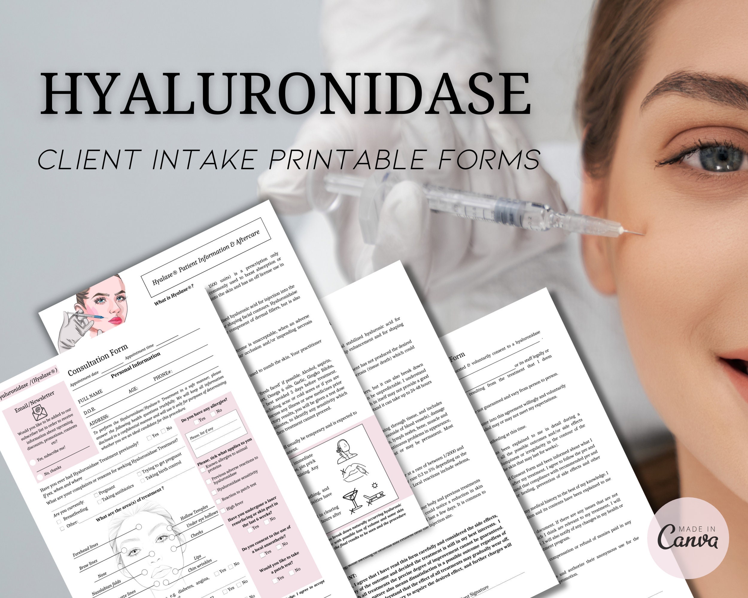 HYALURONIDASE CLIENT INTAKE Forms, Hyalase Consultation Form, Injection ...