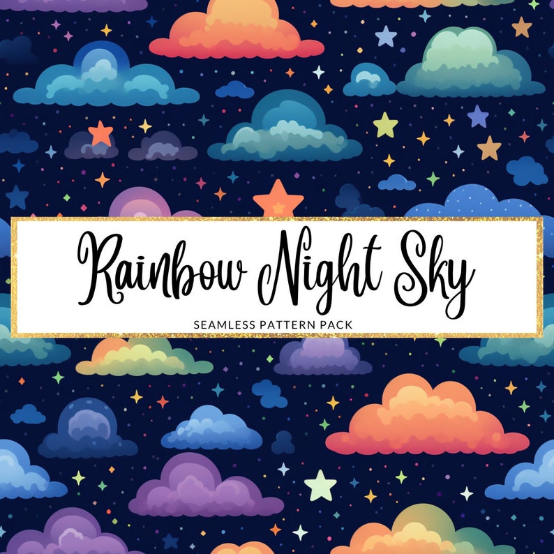 8 Rainbow Night Sky Digital Papers, Seamless Patterns, Rainbow Clouds ...