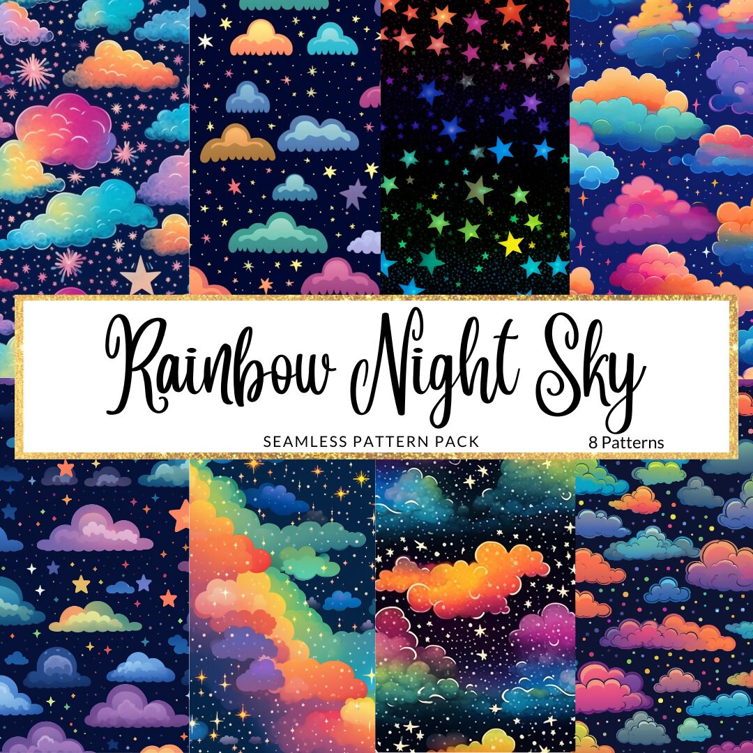 8 Rainbow Night Sky Digital Papers, Seamless Patterns, Rainbow Clouds ...