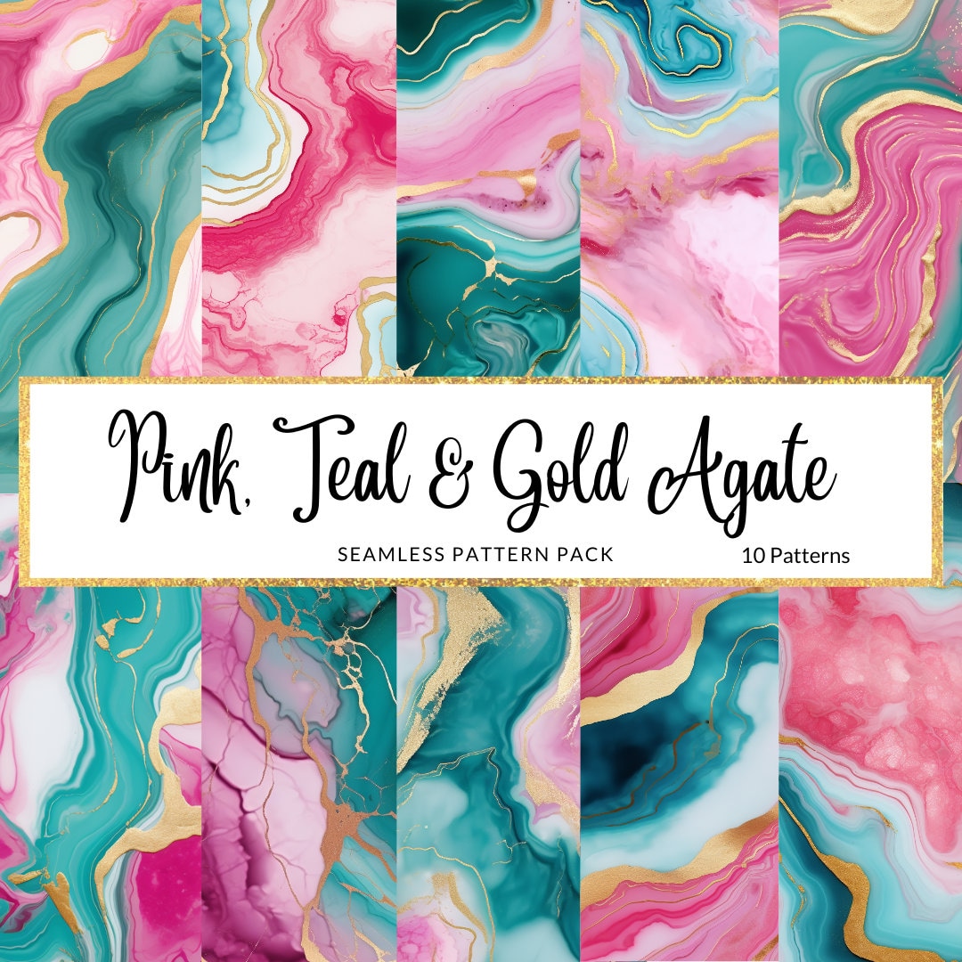 10 Pink, Teal & Gold Agate Digital Papers, Seamless Digital Patterns ...