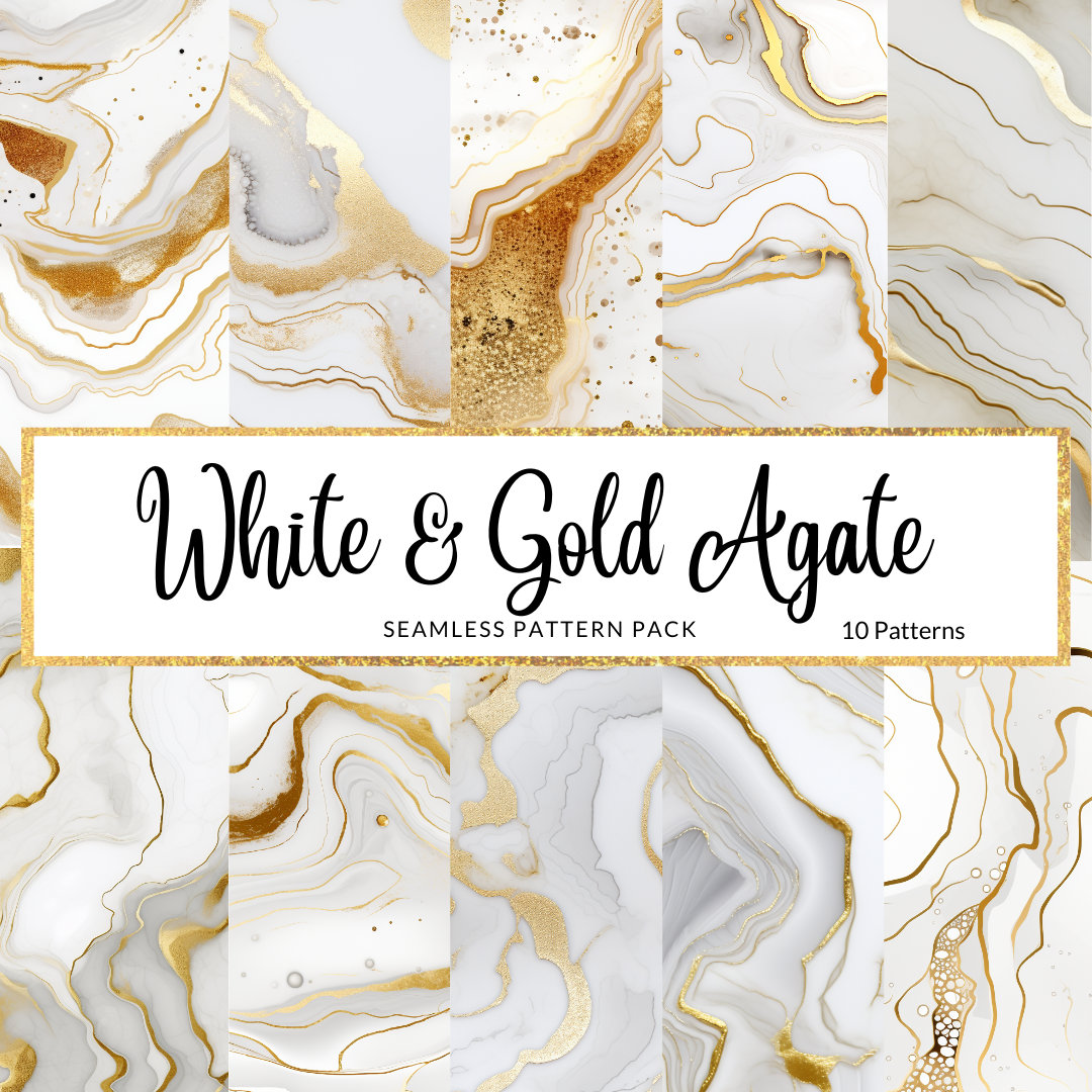 10 White & Gold Agate Digital Papers, Seamless Digital Patterns. Marble ...