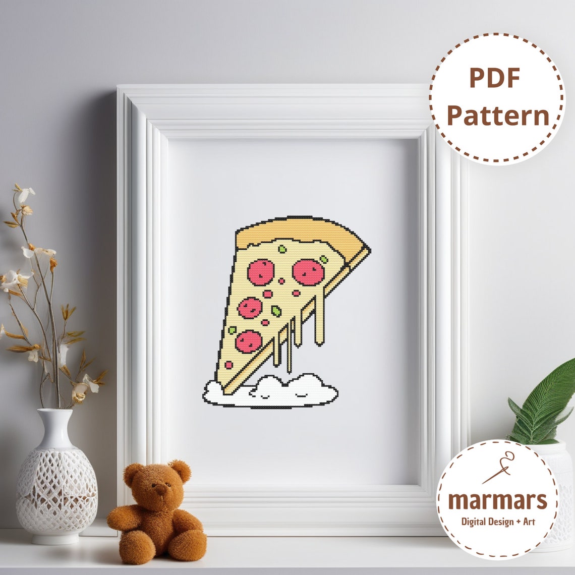 Pizza Piece Embroidery in Comic Style, Pizza in the Clouds, Digital ...