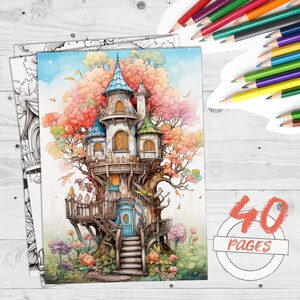 40 Enchanted Tree House Coloring Pages, Magical Forest, Fantasy ...