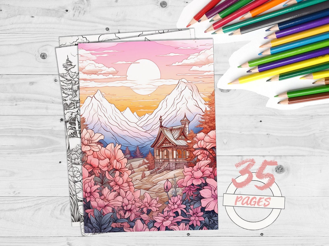 35 Mountain House Coloring Page, Blooming Landscape, Nature Coloring ...