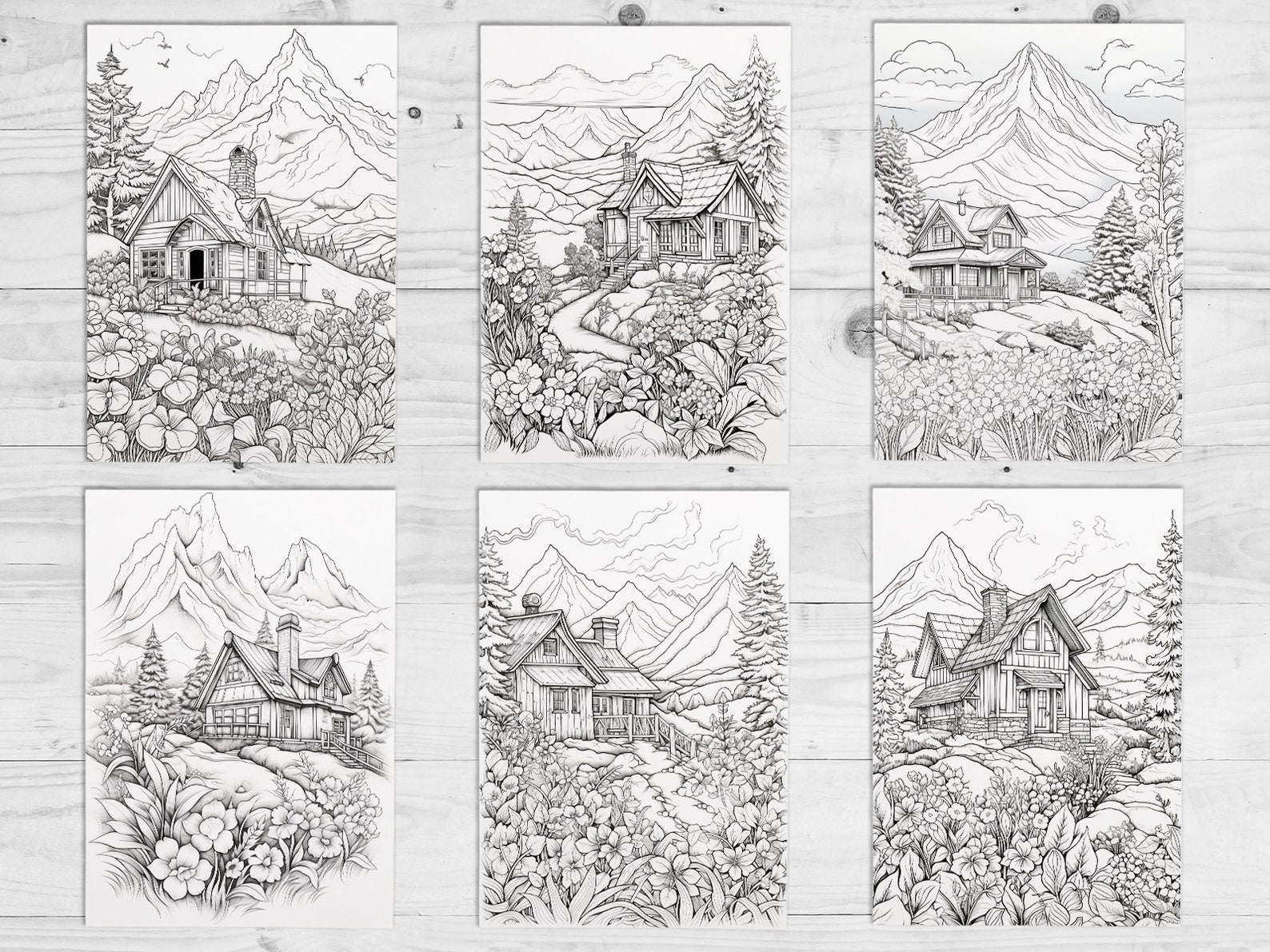 35 Mountain House Coloring Page, Blooming Landscape, Nature Coloring ...