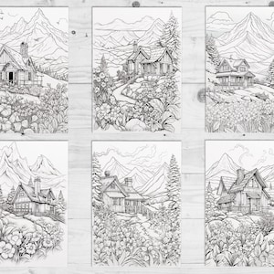 35 Mountain House Coloring Page, Blooming Landscape, Nature Coloring ...